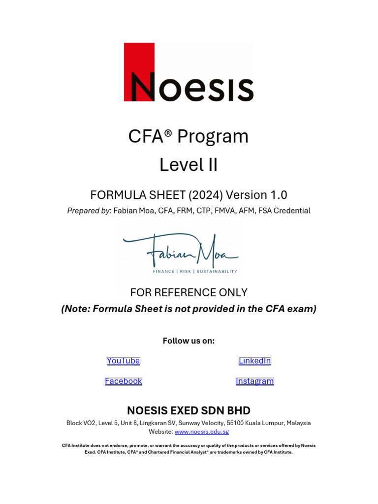 Noesis CFA Level 2 Formula Sheet 2024 | Download Free PDF | Errors And Residuals | Regression ...