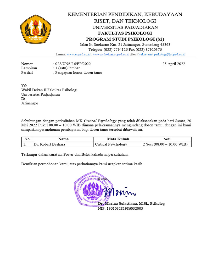 Ok Surat Pengajuan Honor Dosen Tamu 20 Mei A.N. Robert Beshara | PDF ...