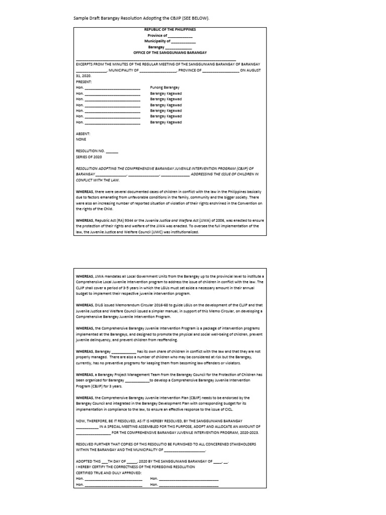 Barangay Resolution Adopting The CBJIP | PDF | Government | Justice