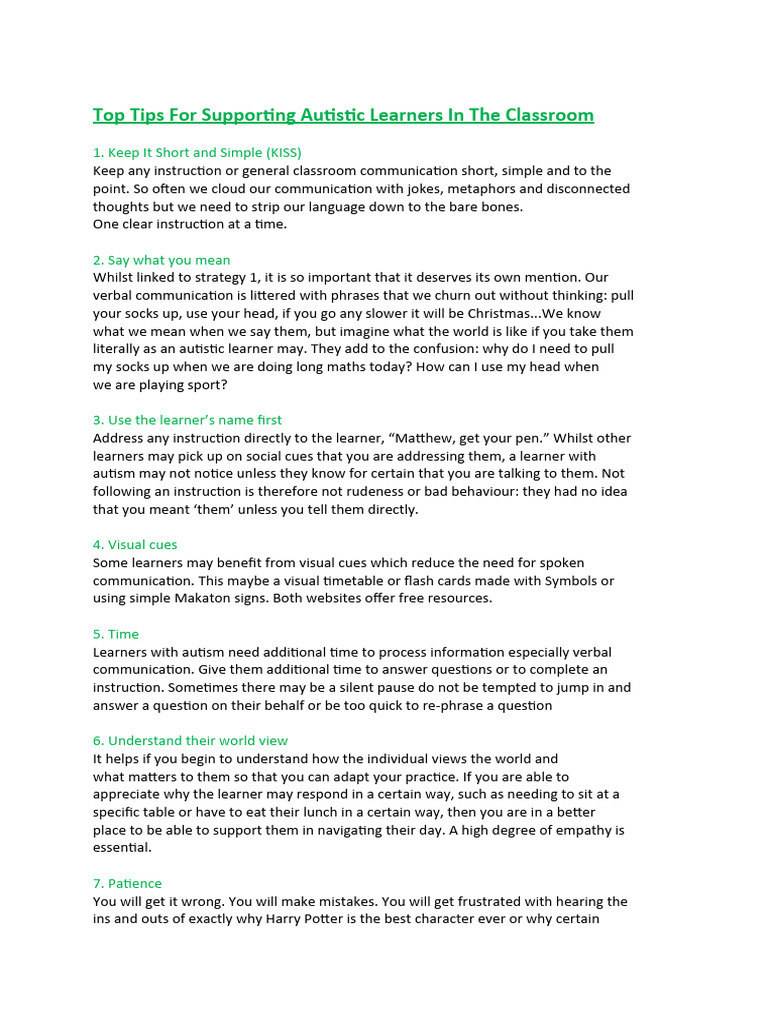 Support Tips for Autistic Learners | PDF | Autism Spectrum | Learning