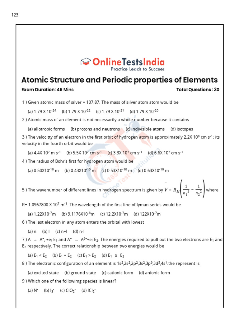EAMCET Atomic Structure Question Set | PDF | Atoms | Atomic Orbital