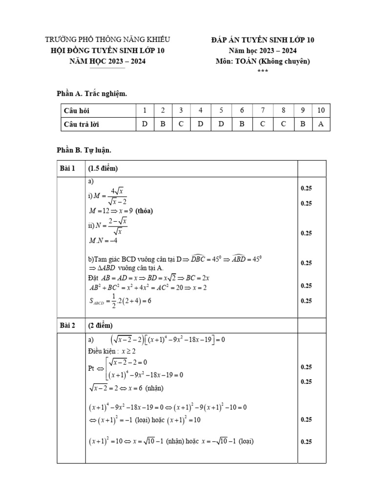 Dap An ToanKC 2023 2024 | PDF