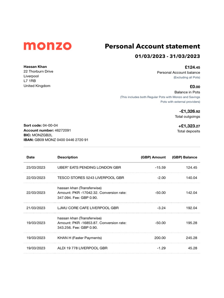 Monzo - Bank - Statement - 2023 03 01 2023 03 31 - 5196.html | PDF ...