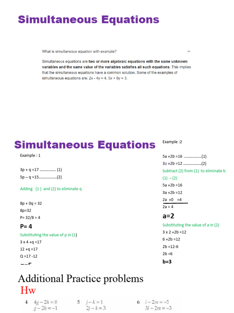 Solving Simultaneous Equations Guide | PDF