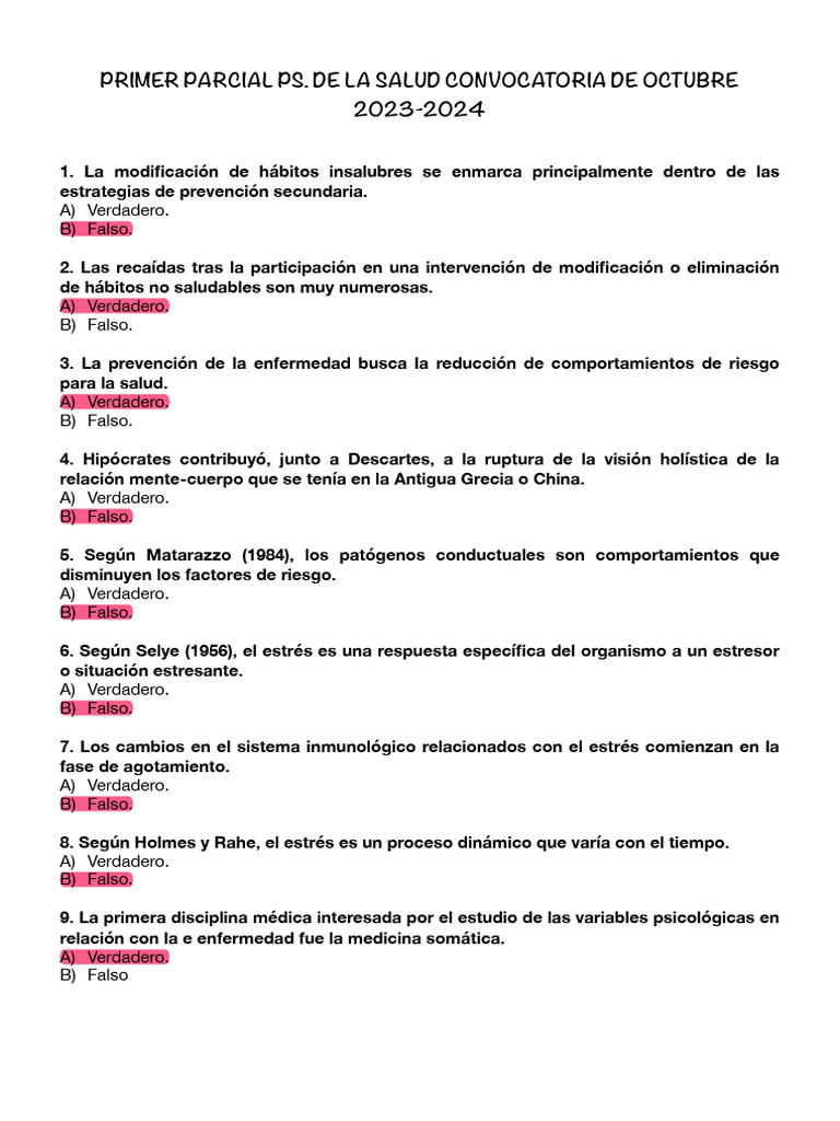 Corregido PRIMER PARCIAL PS. DE LA SALUD CONVOCATORIA DE OCTUBRE 2023-2024 | PDF | Estrés ...