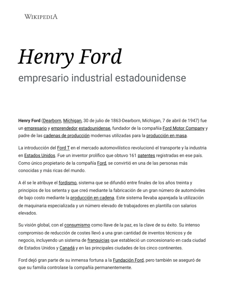 Henry Ford - Wikipedia, La Enciclopedia Libre | PDF | Economias | Ingeniería