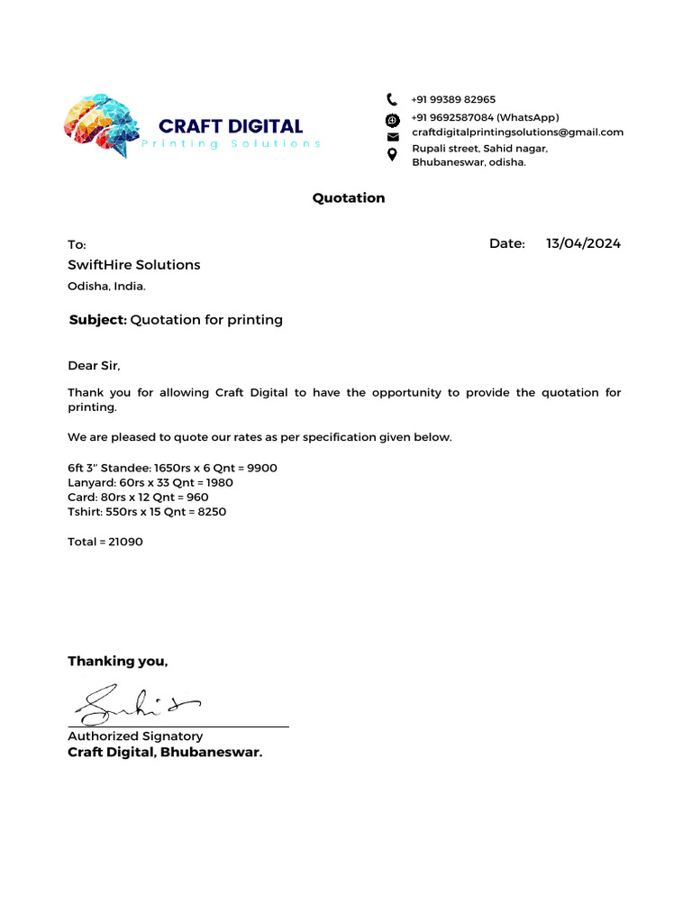 Printing Quotation from Craft Digital | PDF