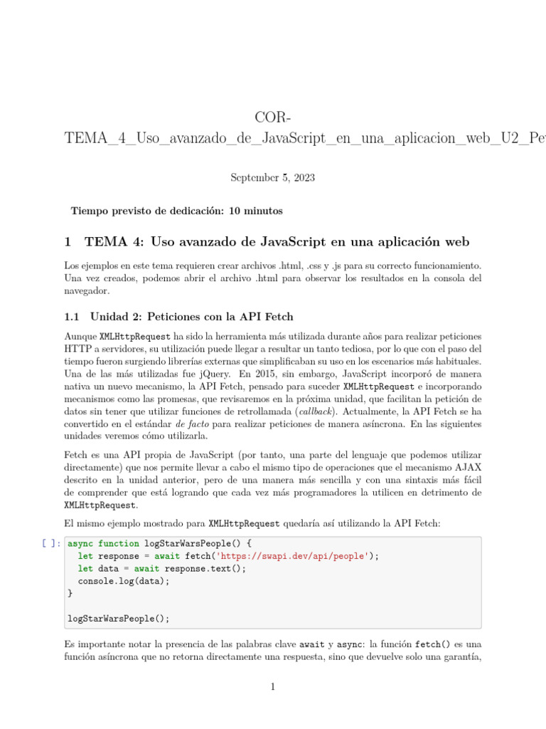 COR-TEMA 4 Uso Avanzado de JavaScript en Una Aplicacion Web U2 Peticiones Con La API Fetch | PDF ...