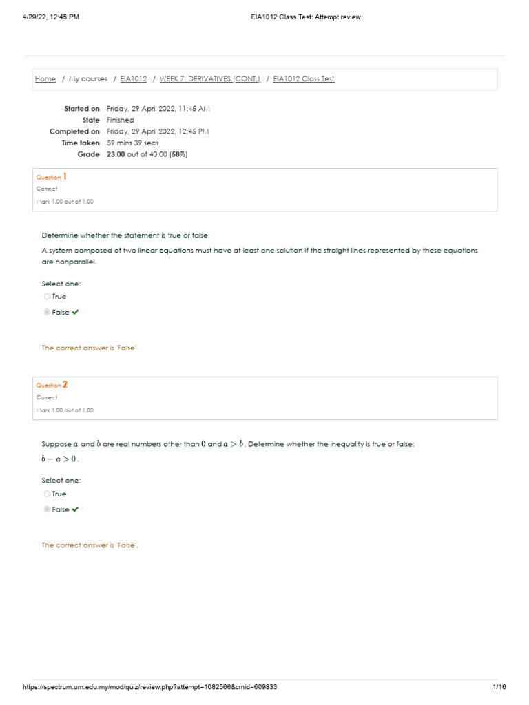EIA1012 Class Test - Attempt Review (Joy) | PDF | Numbers | Equations