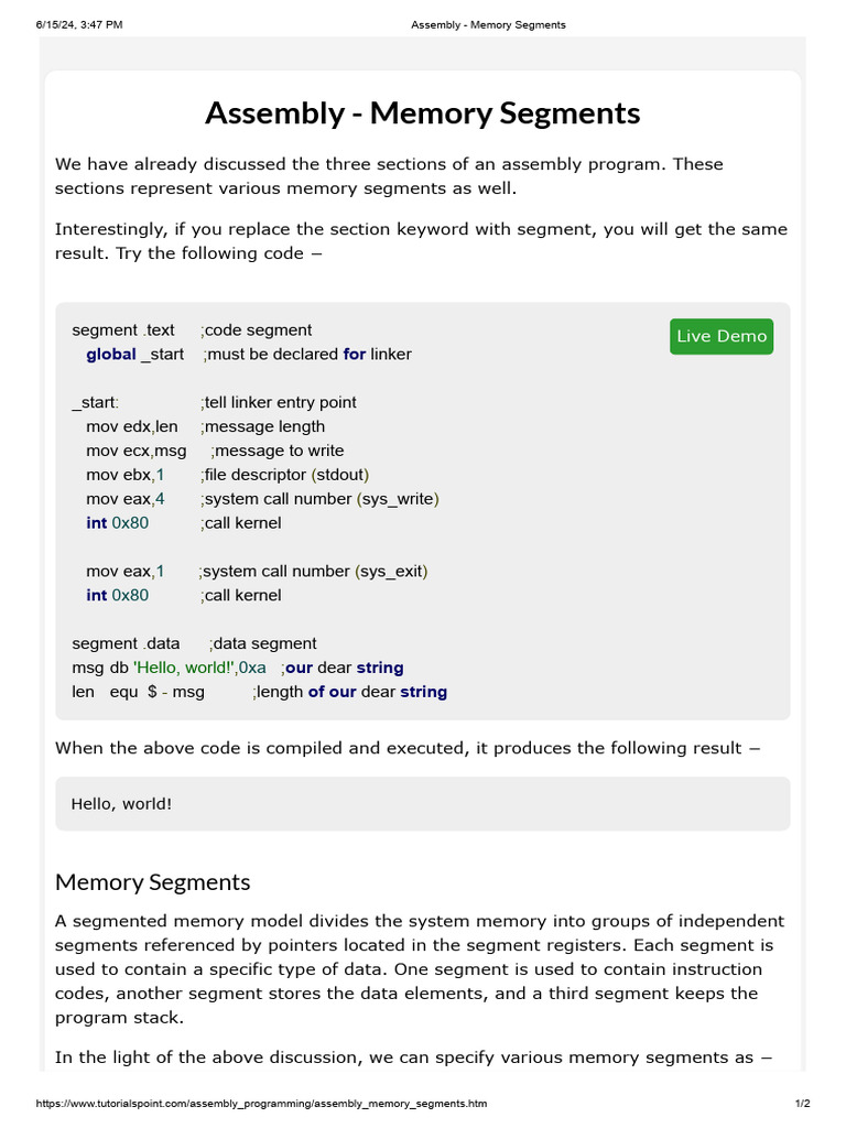 Assembly - Memory Segments | PDF | Software Development | Computer Architecture