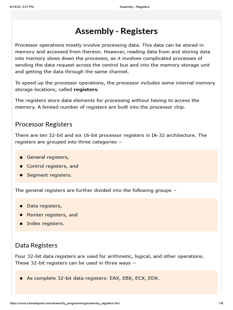 Assembly - Registers | PDF | Pointer (Computer Programming) | Central Processing Unit