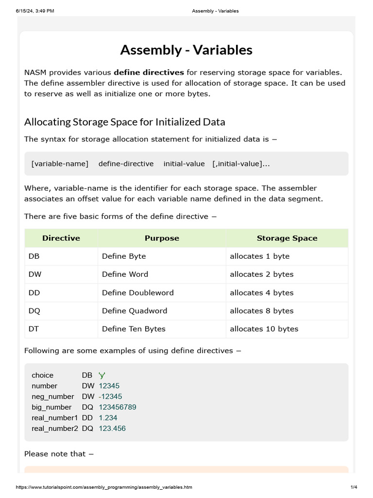 Assembly - Variables | Download Free PDF | Integer (Computer Science) | Assembly Language