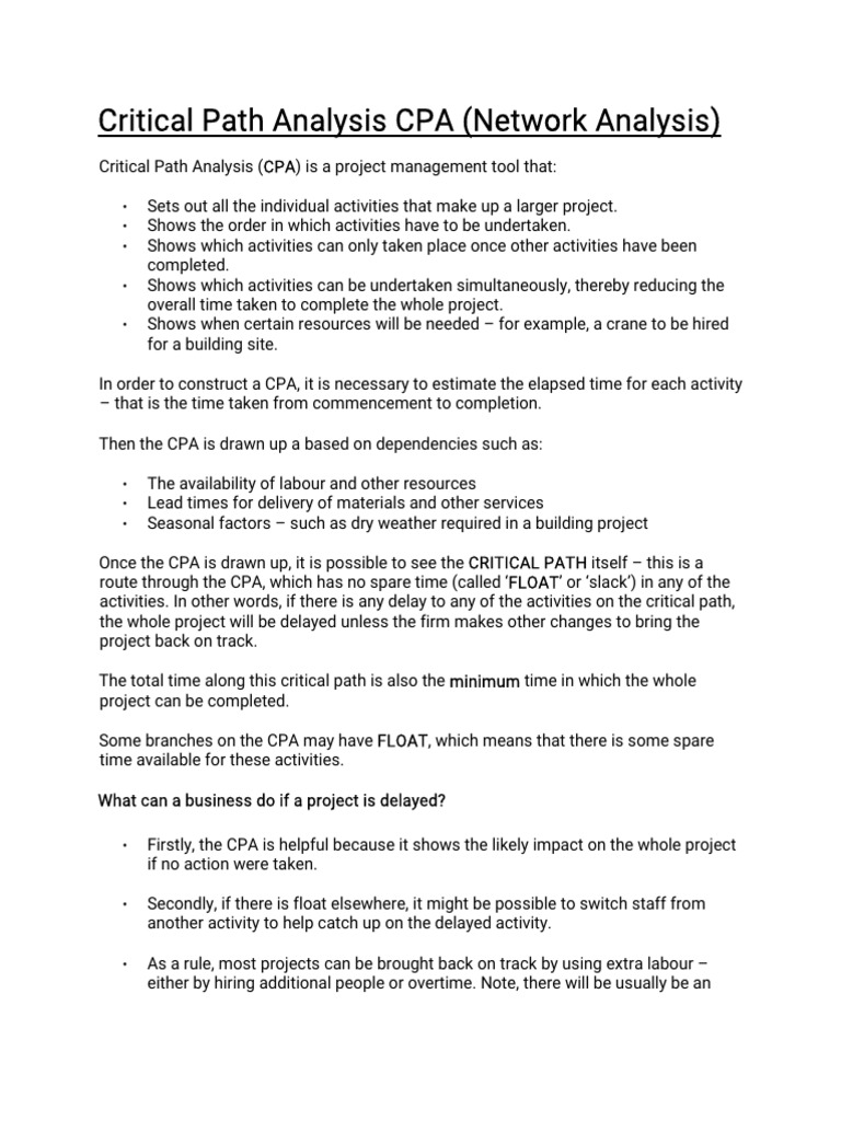 Critical Path Analysis CPA PDF | PDF