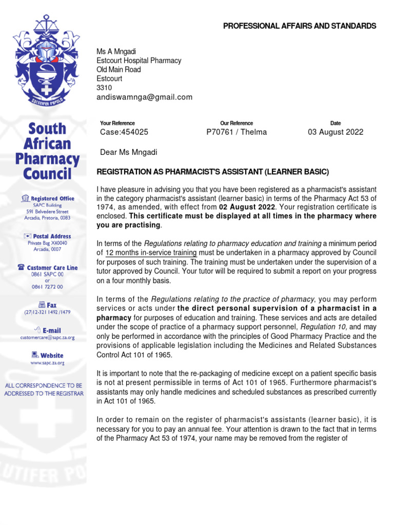SAPC REG LETTER | PDF | Pharmacy | Pharmacist