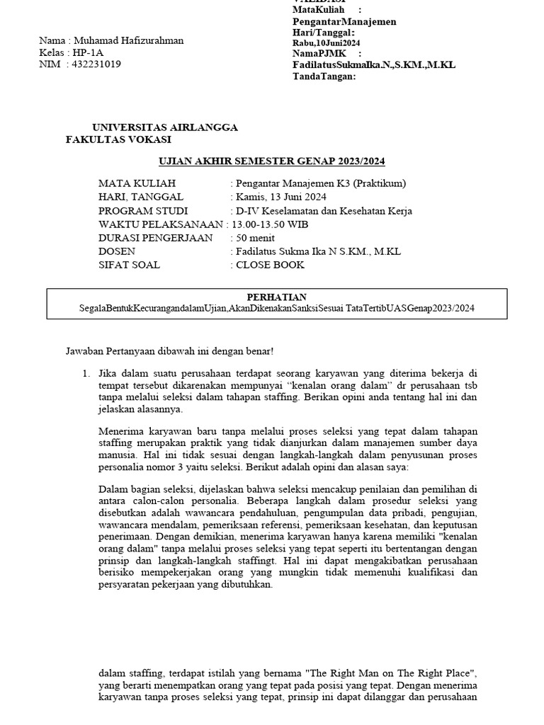 Soal Uas Pengantar Manaj K3 P 2024 | PDF