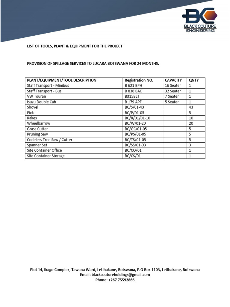 Equipment List for Lucara Project | PDF