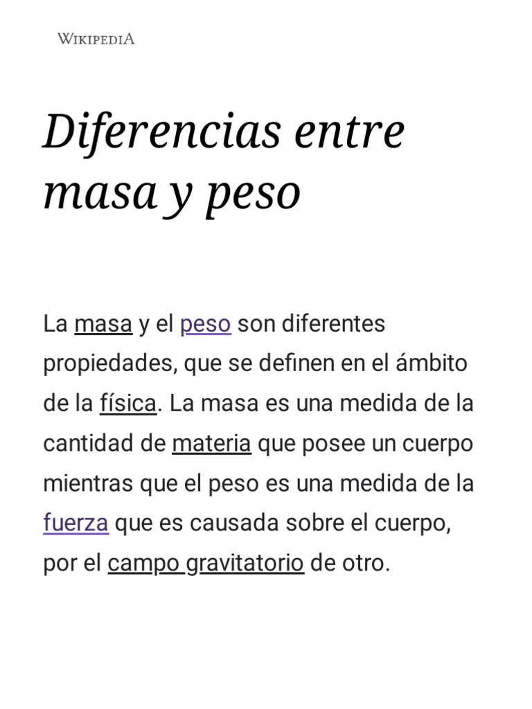 Diferencias Entre Masa y Peso - Wikipedia, La Enciclopedia Libre | PDF ...
