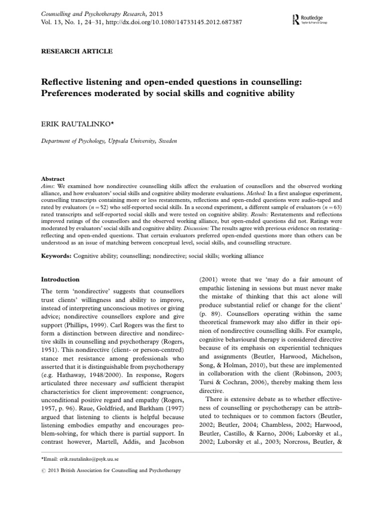 Reflective Listening and Open-Ended Questions in Counselling | PDF ...