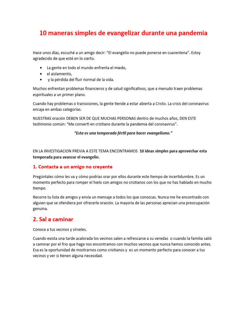 10 Maneras Simples de Evangelizar Durante Una Pandemia | PDF | Oración ...