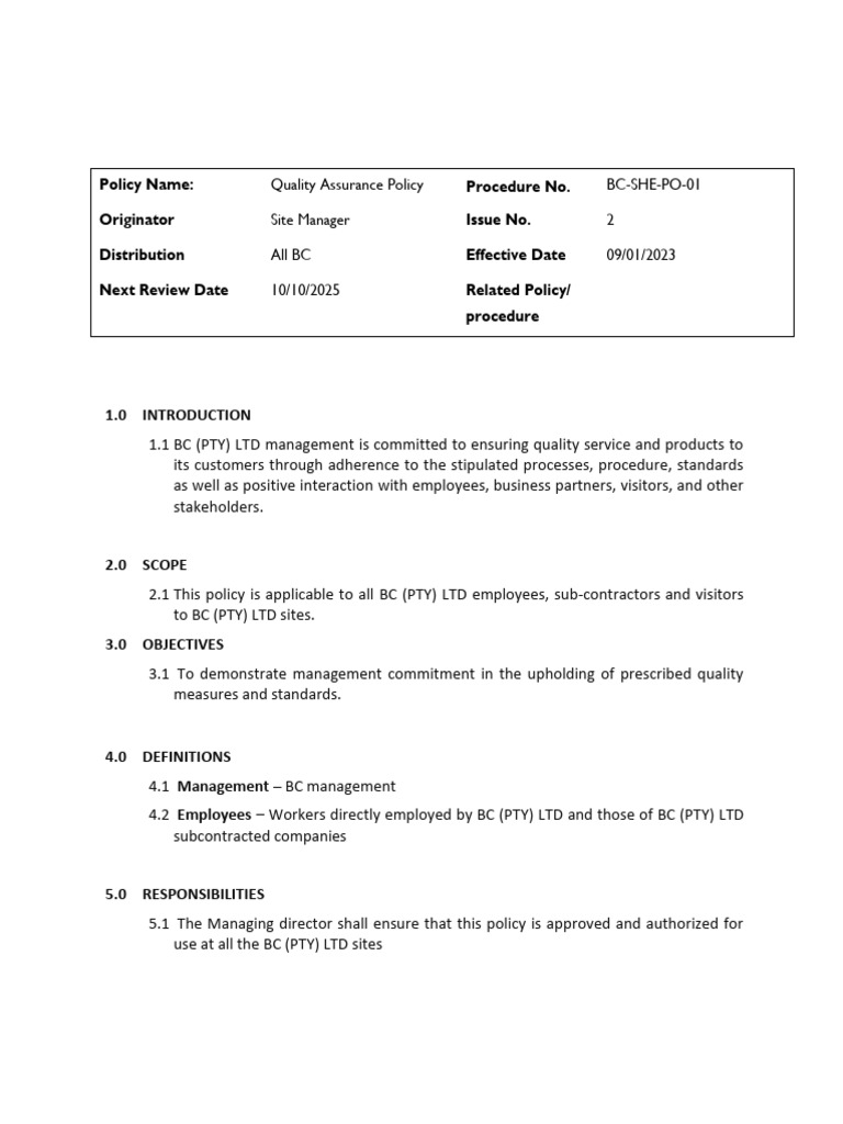 Quality Assurance Policy Overview | PDF | Quality Management | Quality ...