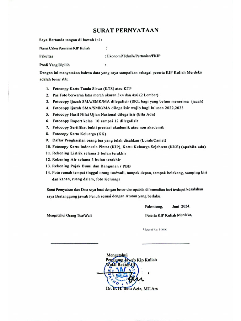 Surat Pernyataan KIP | PDF