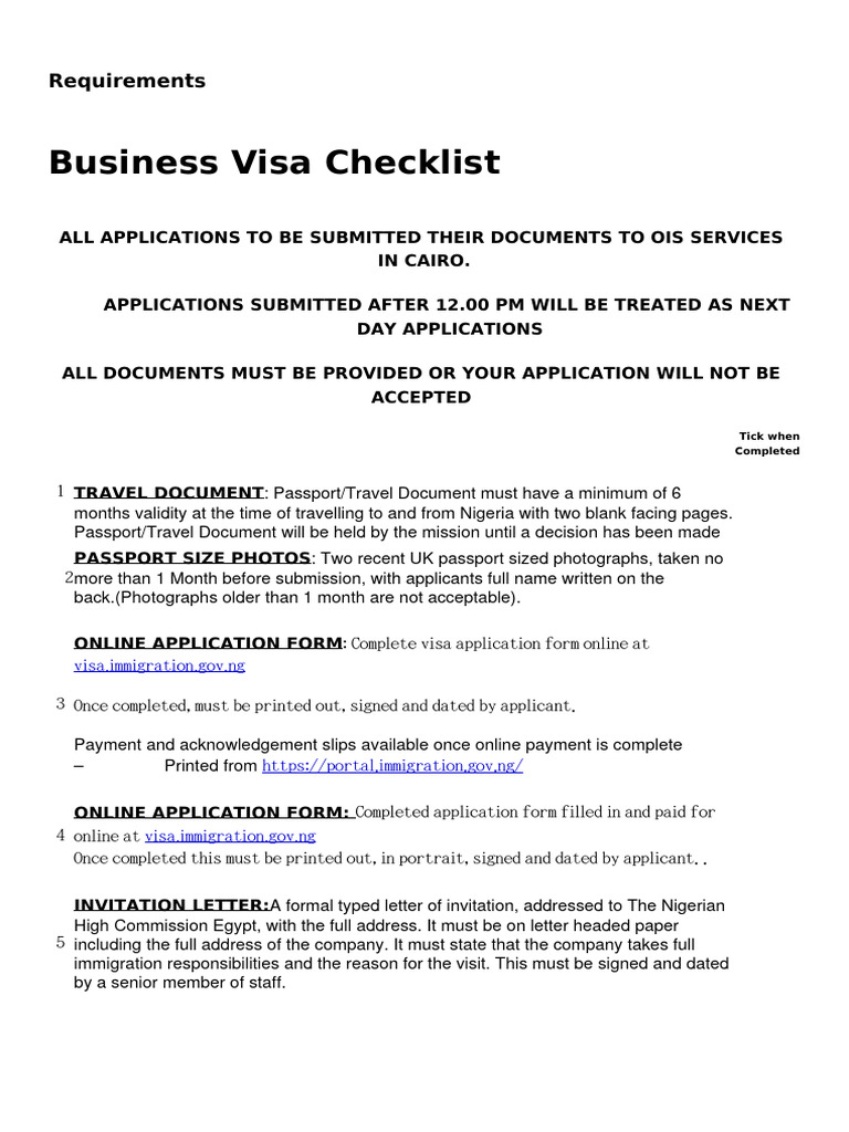 Business Visa Checklist: Requirements | PDF | Passport | Travel Visa