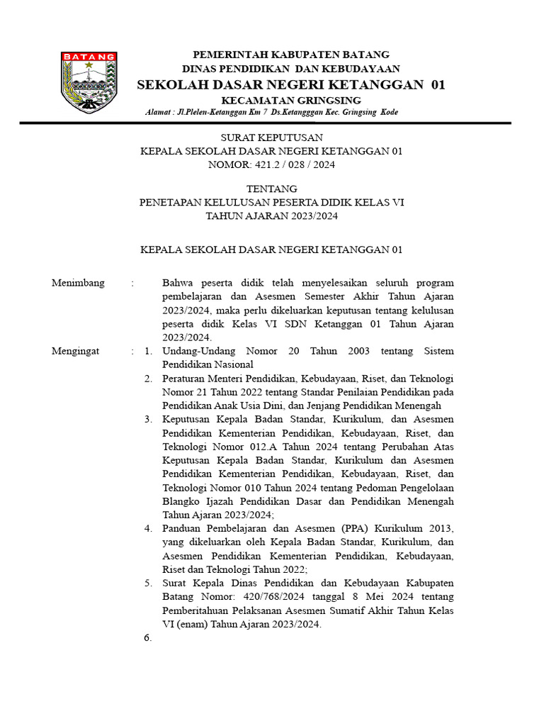 Surat Keputusan Kelulusan | PDF