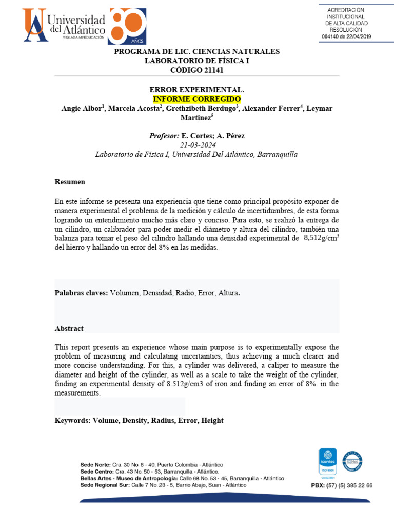 Infome 1. Fisica Error Experimental | PDF | Medición | Probabilidades y estadísticas