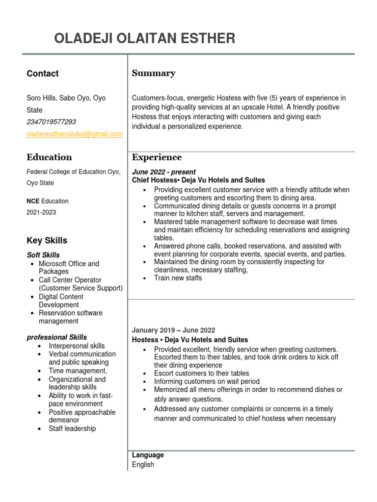 Esther CV | PDF | Restaurants | Human Communication