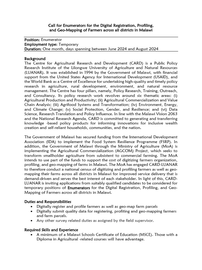 AGCOM Call For Enumerators - 10062024 v1 | PDF | Agriculture | Economies