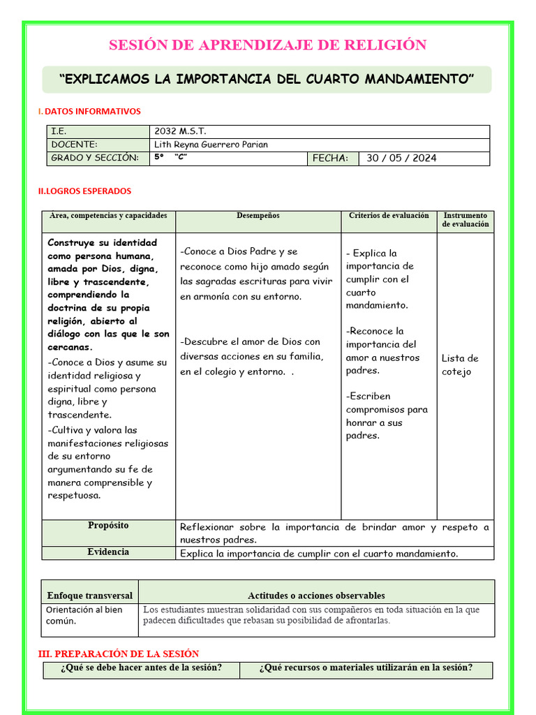 Sesion Religion #7 Importancia Del 4to Mandamiento | PDF | Amor ...