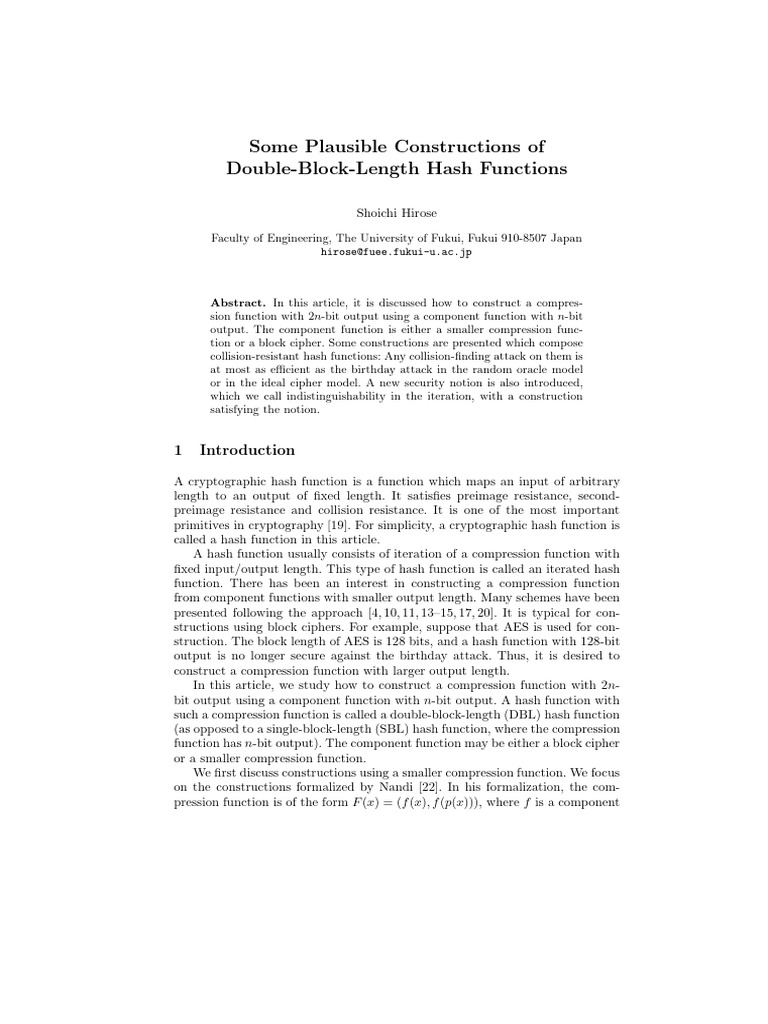 Double-Block-Length Hash Function Design | PDF | Computer Security ...