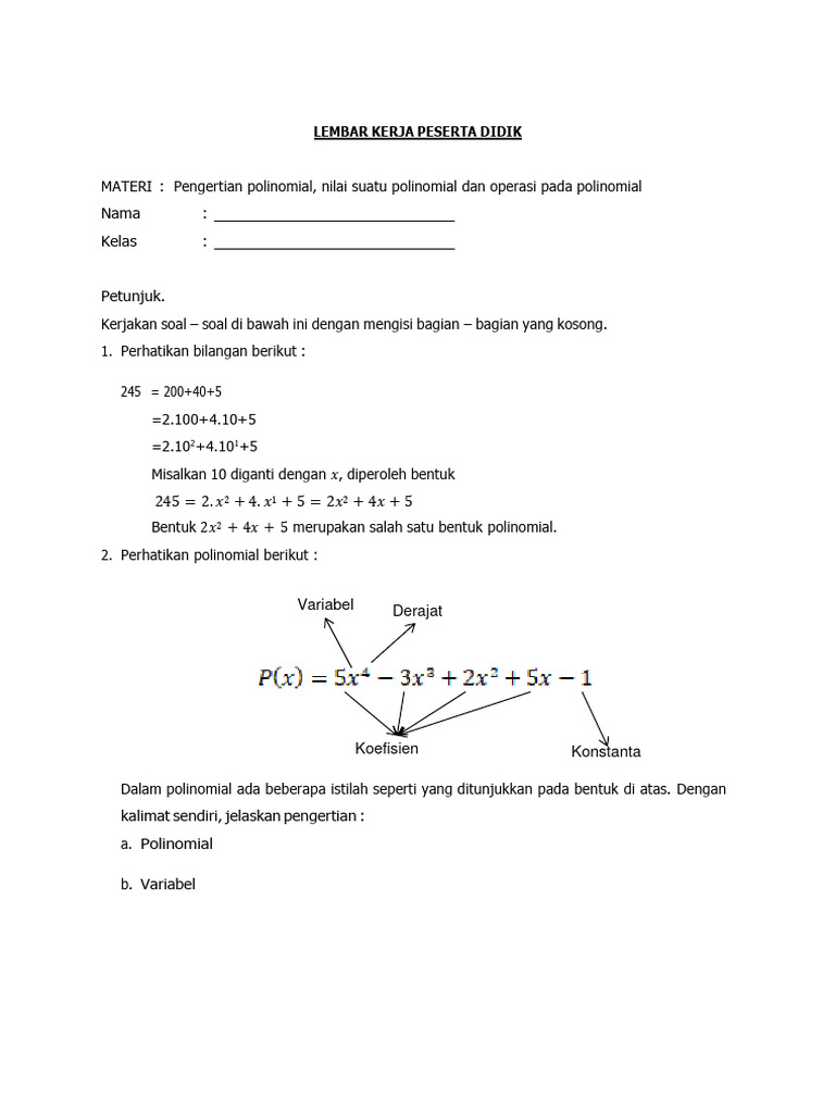 Lembar Latihan - Pengertian Polinomial Dan Komponen, Nilai Dan Hasil ...