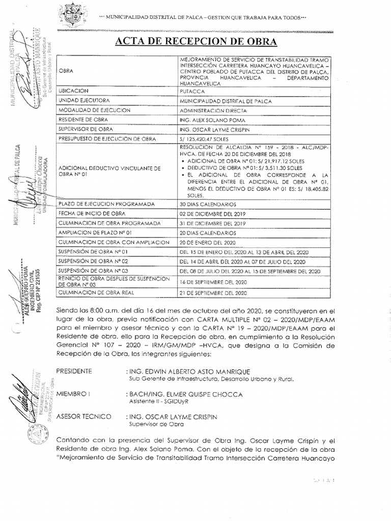 Acta de Recepcion de Obra | PDF