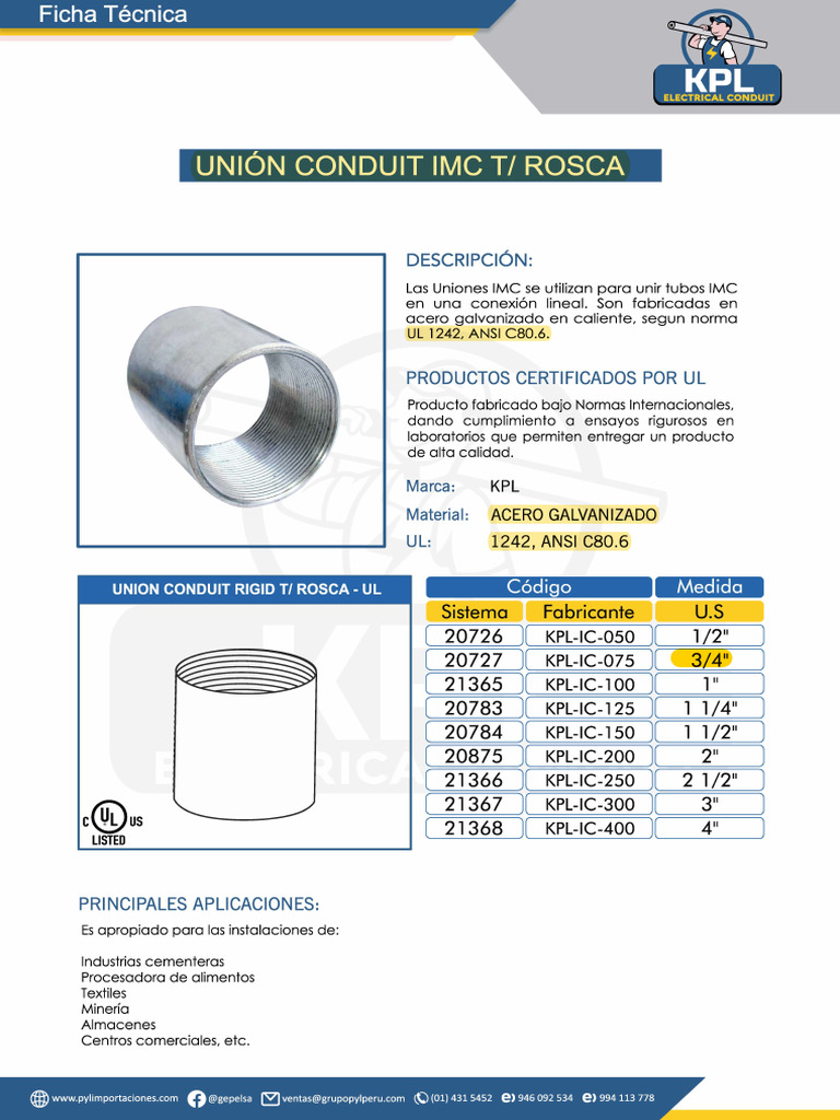 Union Conduit Imc Con Rosca | PDF | Materiales | Metales de transición