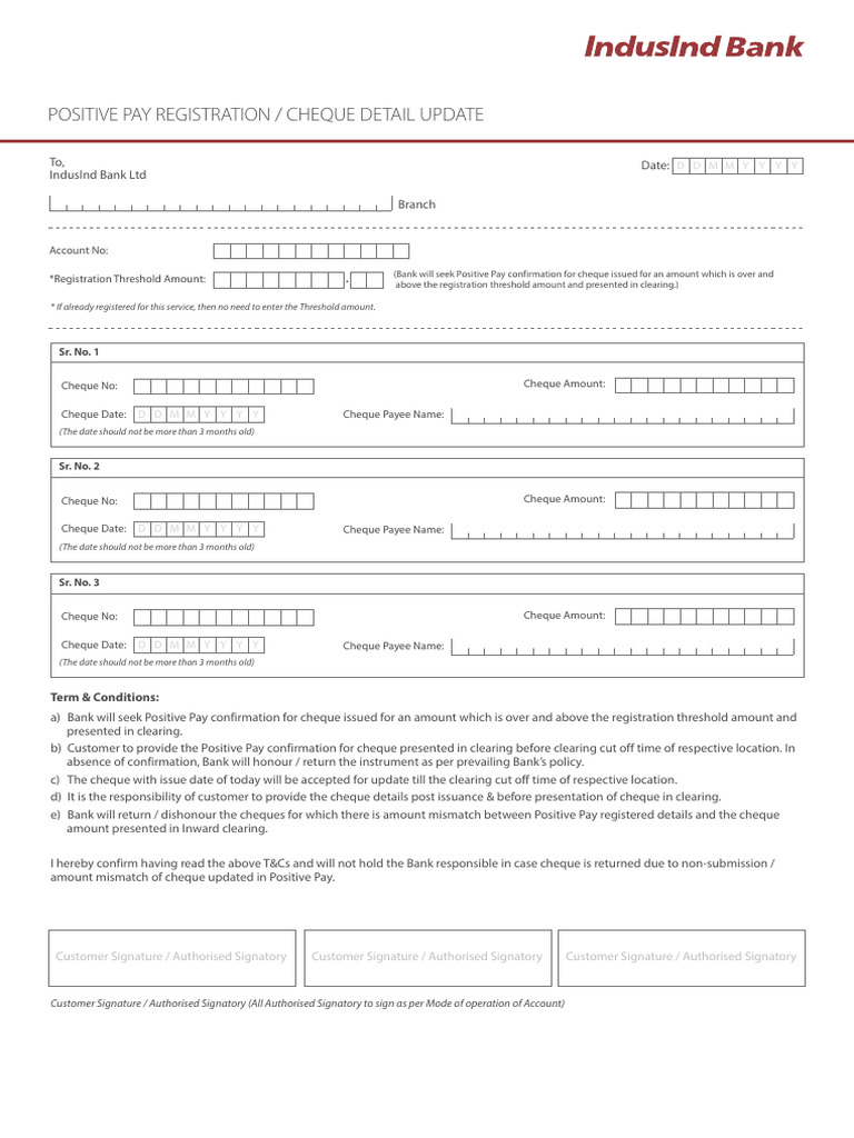 INDSULND Positive Pay Registration Form | PDF | Cheque | Banking