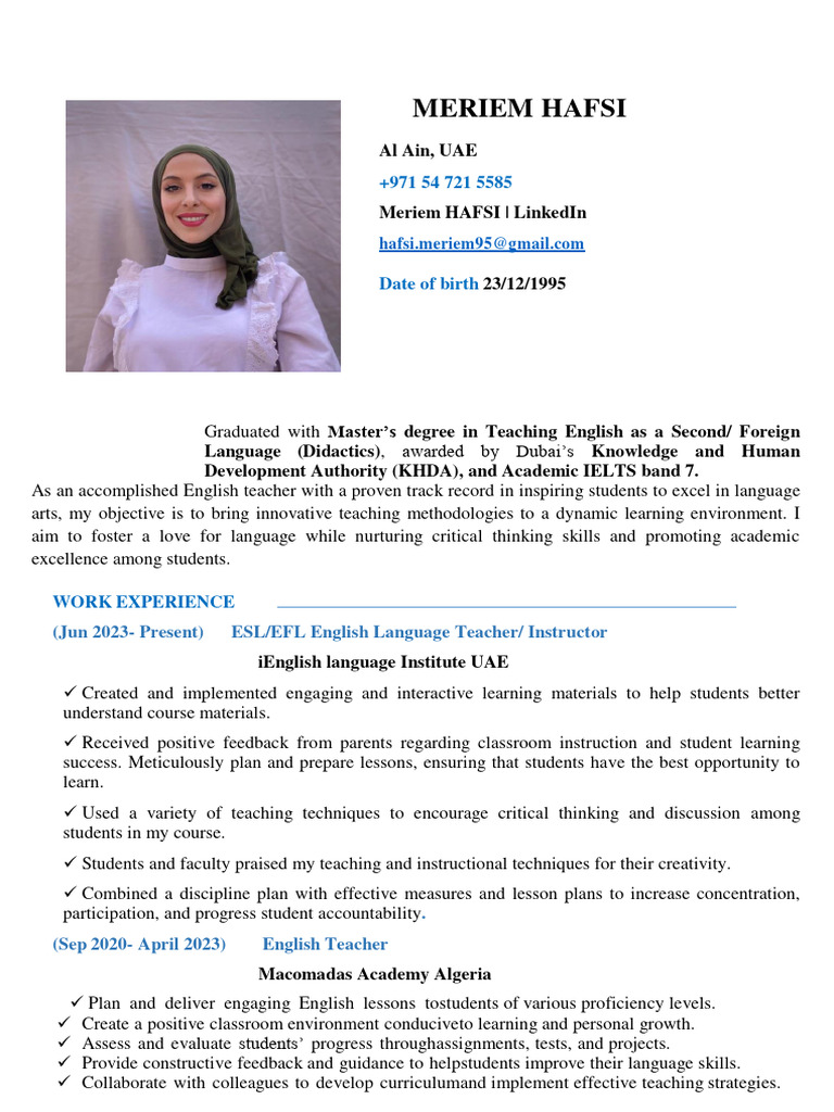 HAFSI MERIEM CV | PDF | Teachers | English As A Second Or Foreign Language