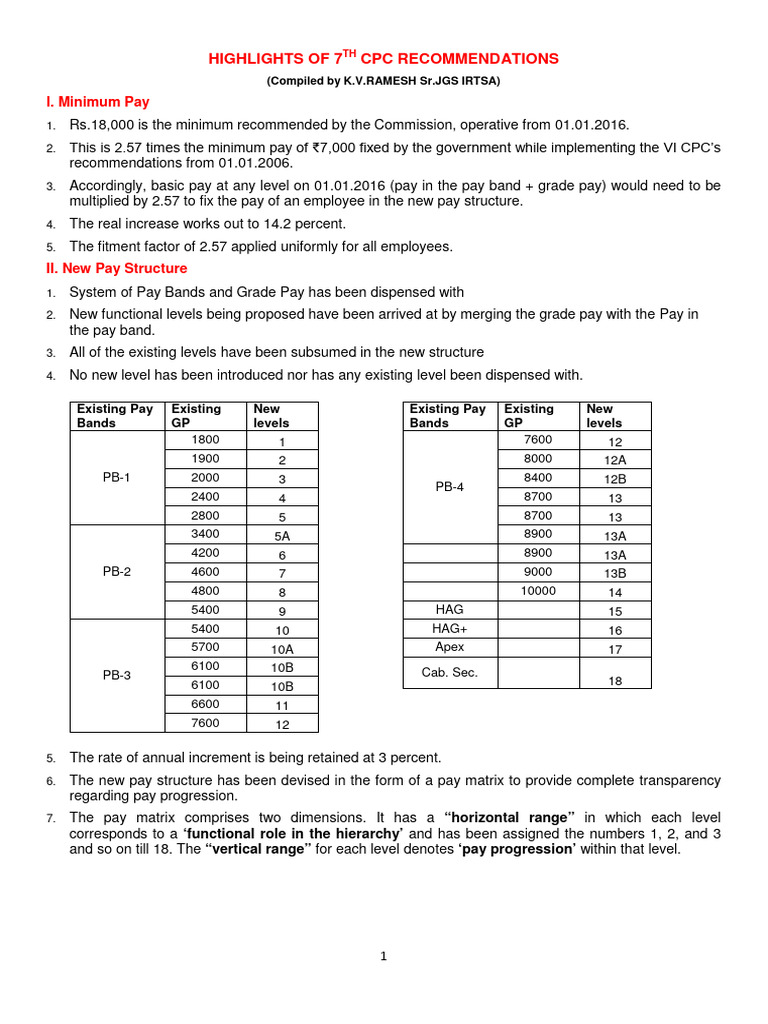 Highlights of 7th CPC Recommendations | Download Free PDF | Salary ...