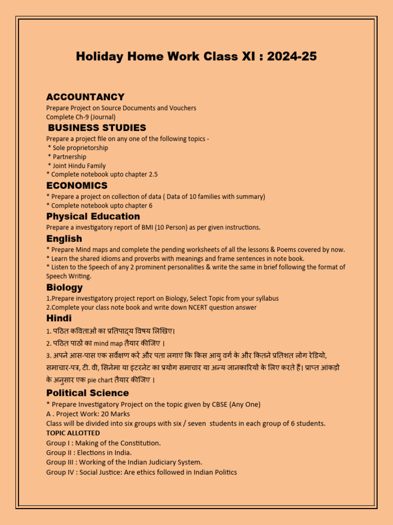 Holiday Home Work Class XI | PDF