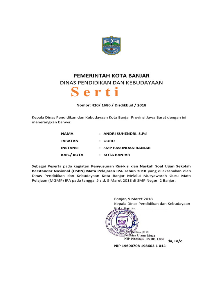 Contoh Sertifikat MGMP | PDF