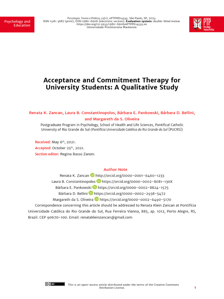 Acceptance and Commitment Therapy For University Students A Qualitative Study (ARTIGO SEMINAL ...