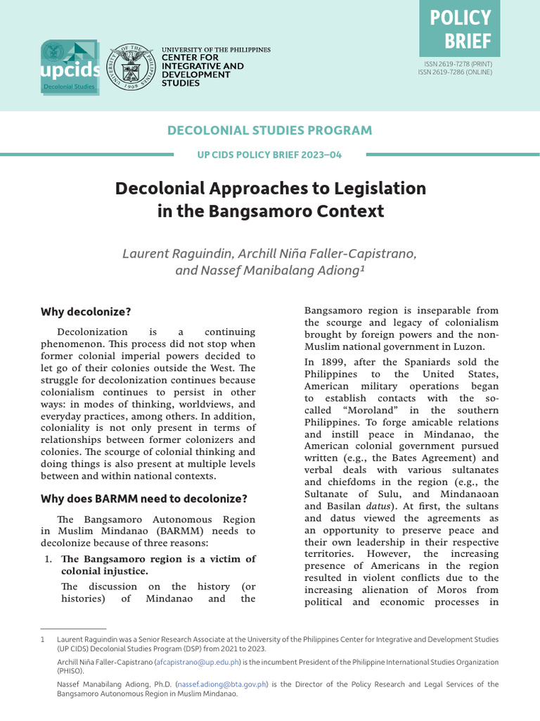 (UP CIDS) Decolonial Approaches To Legislation in The Bangsamoro ...