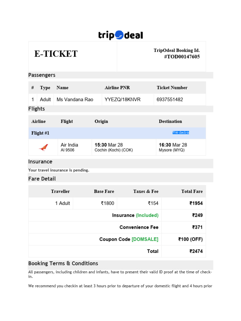 Domestic Ticket - Kochi To Mysore | PDF | Aviation