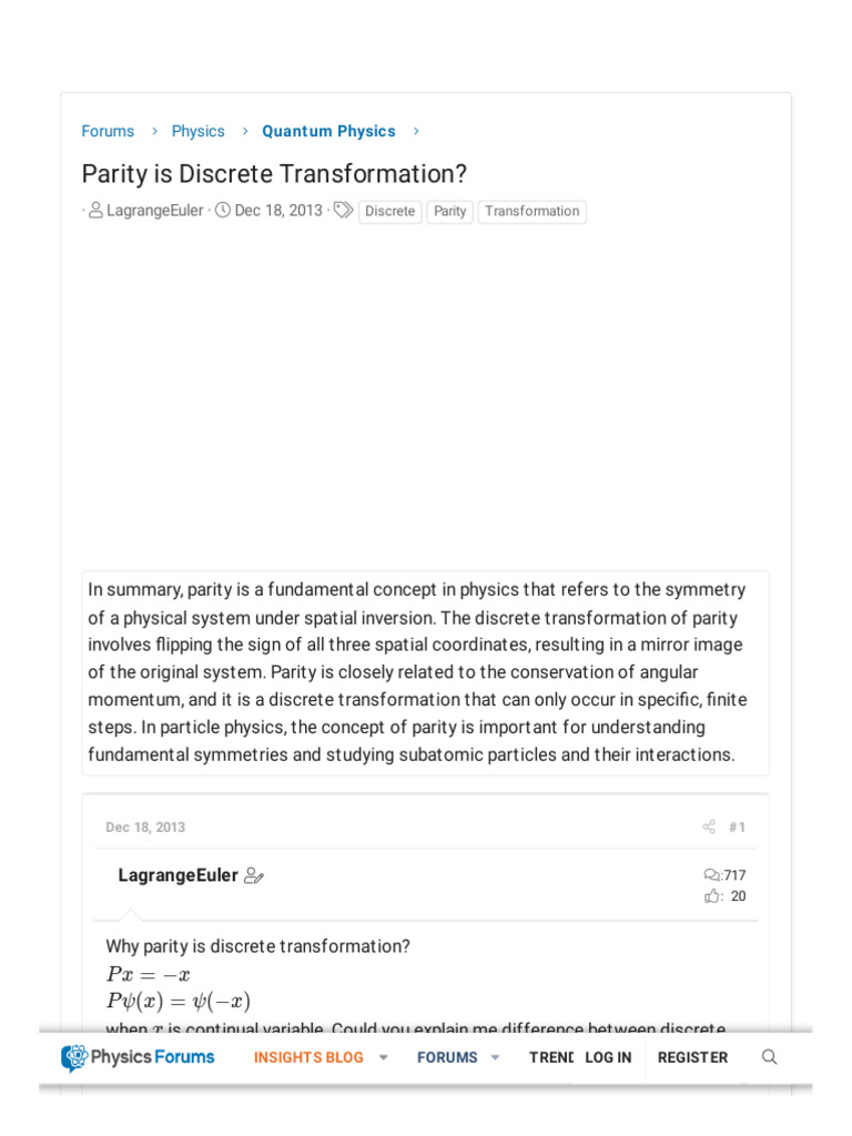 Parity Is Discrete Transformation | PDF | Quantum Mechanics | Physics