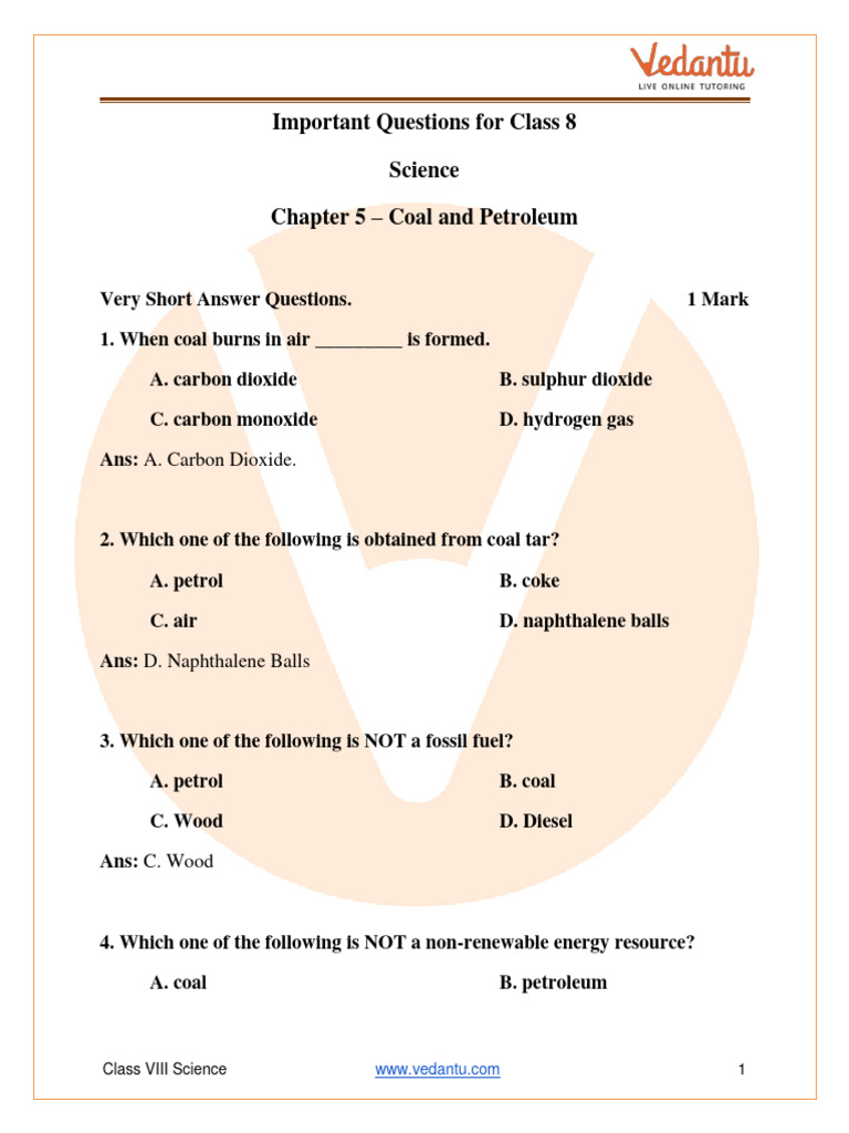 Important Questions for CBSE Class 8 Science Chapter 5 - Coal and Petroleum | PDF | Fuels ...