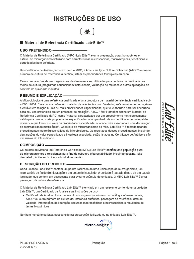 PI.289.POR - LA Lab Elite CRM IFU Revision A | PDF | Microrganismo