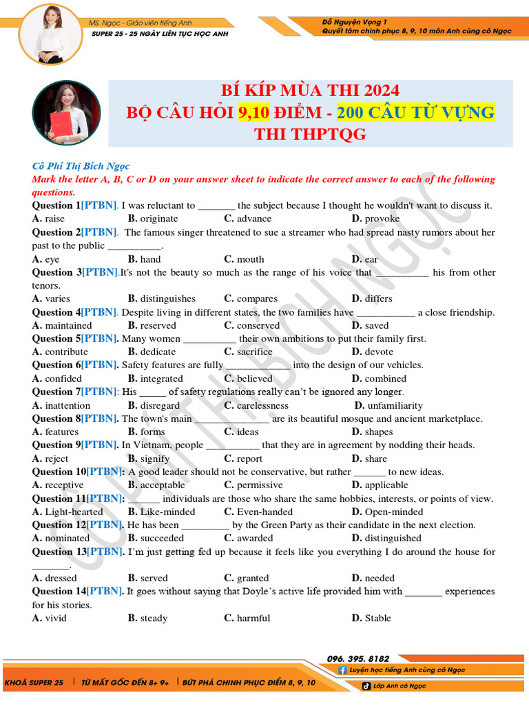 (CÔ PHÍ THỊ BÍCH NGỌC) BỘ CÂU HỎI 200 CÂU TỪ VỰNG MỤC TIÊU 9,10 ĐIỂM THPTQG 2024 THEO DÕI CHỮA ...