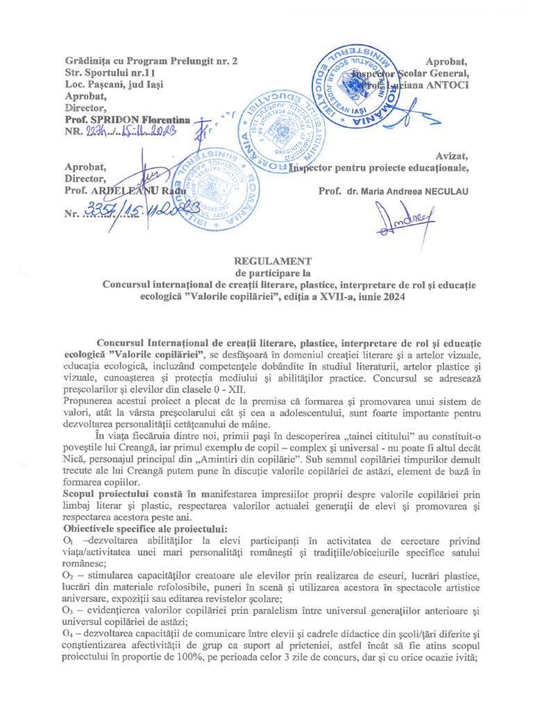 Regulament Concurs Valorile Copilariei 2024 | PDF