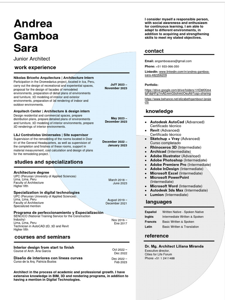 RESUME_ANDREA GAMBOA SARA | Download Free PDF | 3 D Computer Graphics | Autodesk Revit
