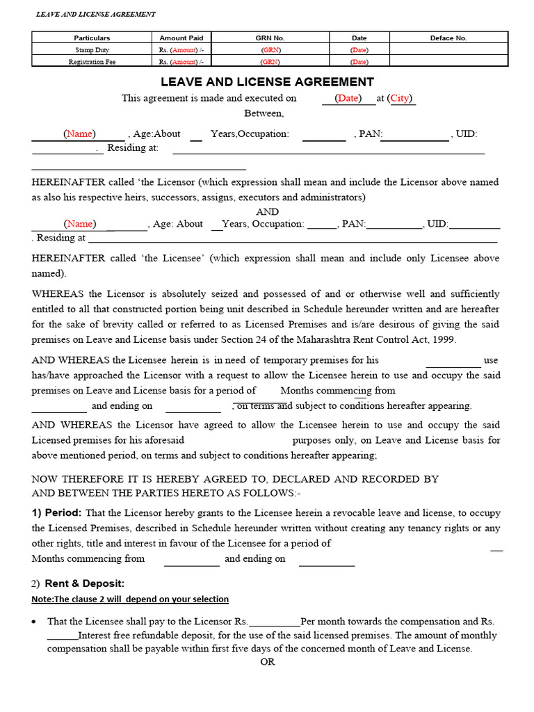 Leave and Licence Agreement Word Format LAndL | PDF | License | Landlord
